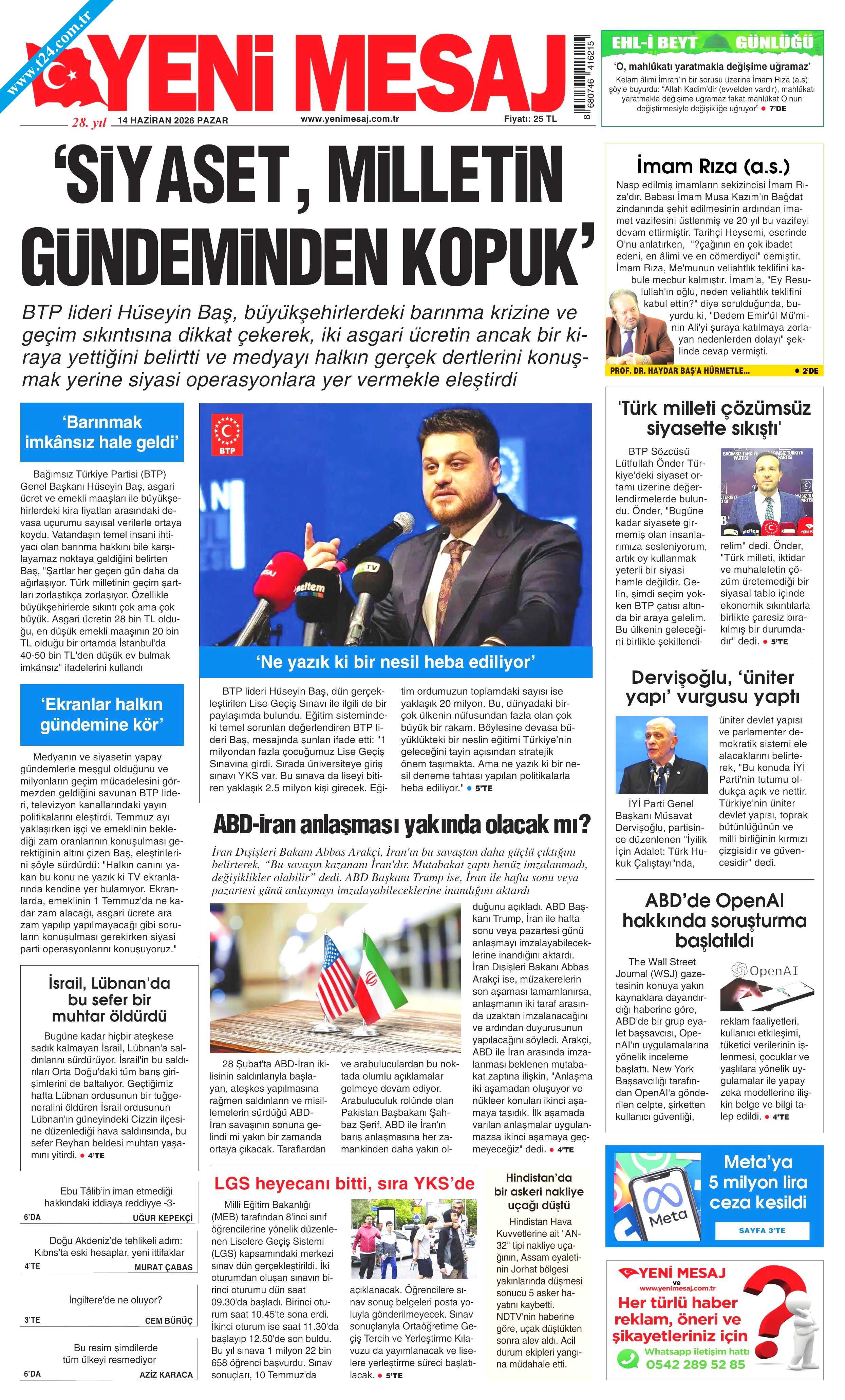 Yeni Mesaj Gazetesi 14 Haziran 2026